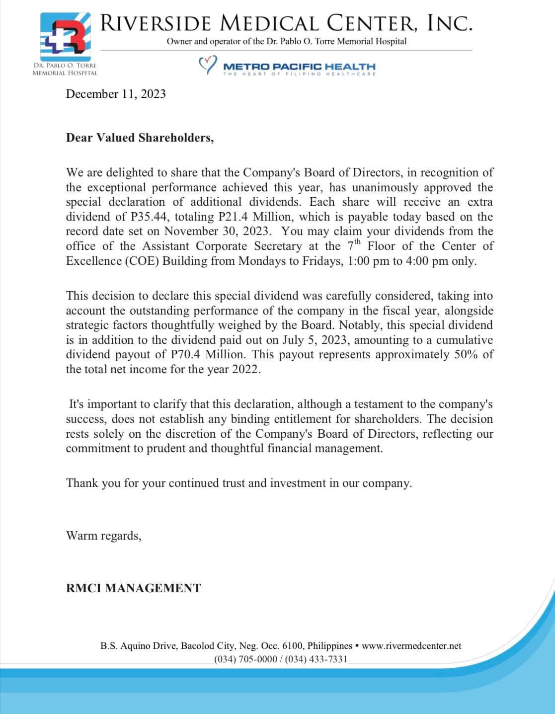 Special Declaration of Additional Dividends - Riverside Medical Center ...